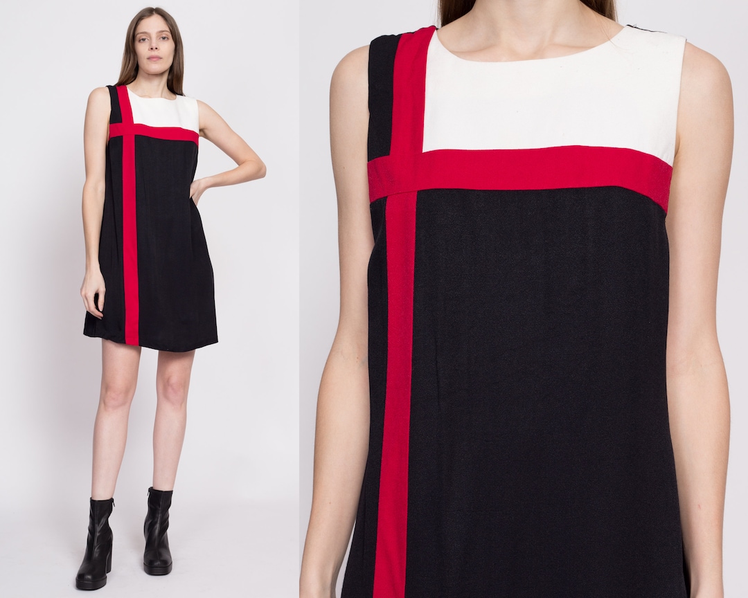 Medium 90s Mod Color Block Mini Dress Vintage Black Striped Sleeveless ...