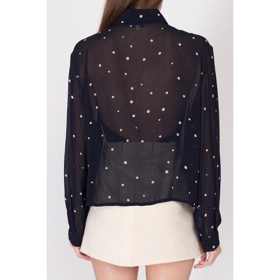 XL 90s Sheer Midnight Blue Polka Dot Blouse | Vintage… - Gem