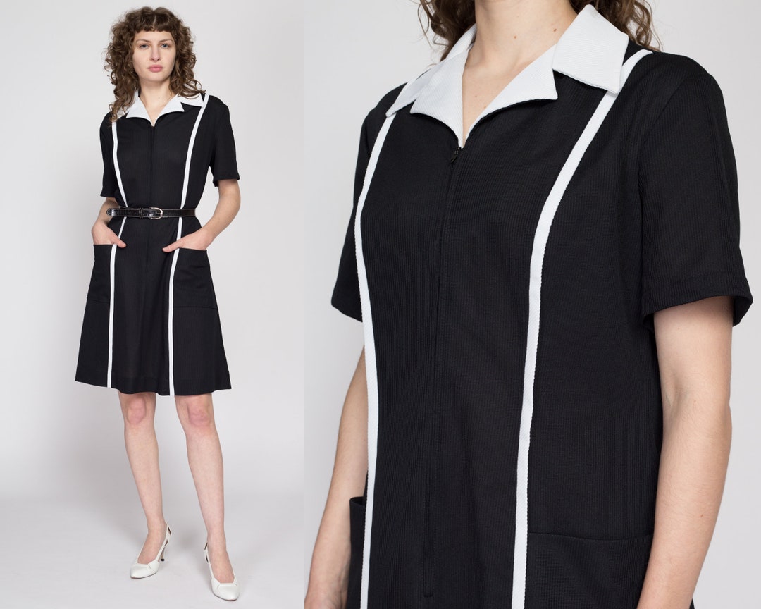 XL 70s Black & White Mod Uniform Dress | Vintage Zip up Collared Short ...