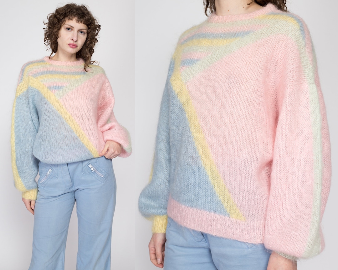 Medium 80s Pastel Color Block Mohair Knit Sweater | Vintage Fuzzy ...