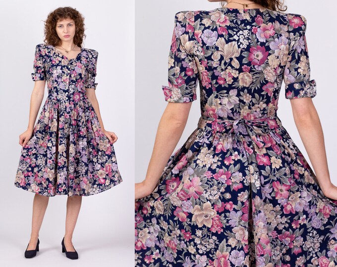 80s Floral Scalloped Neck Fit & Flare Dress Extra Small Vintage Puff ...