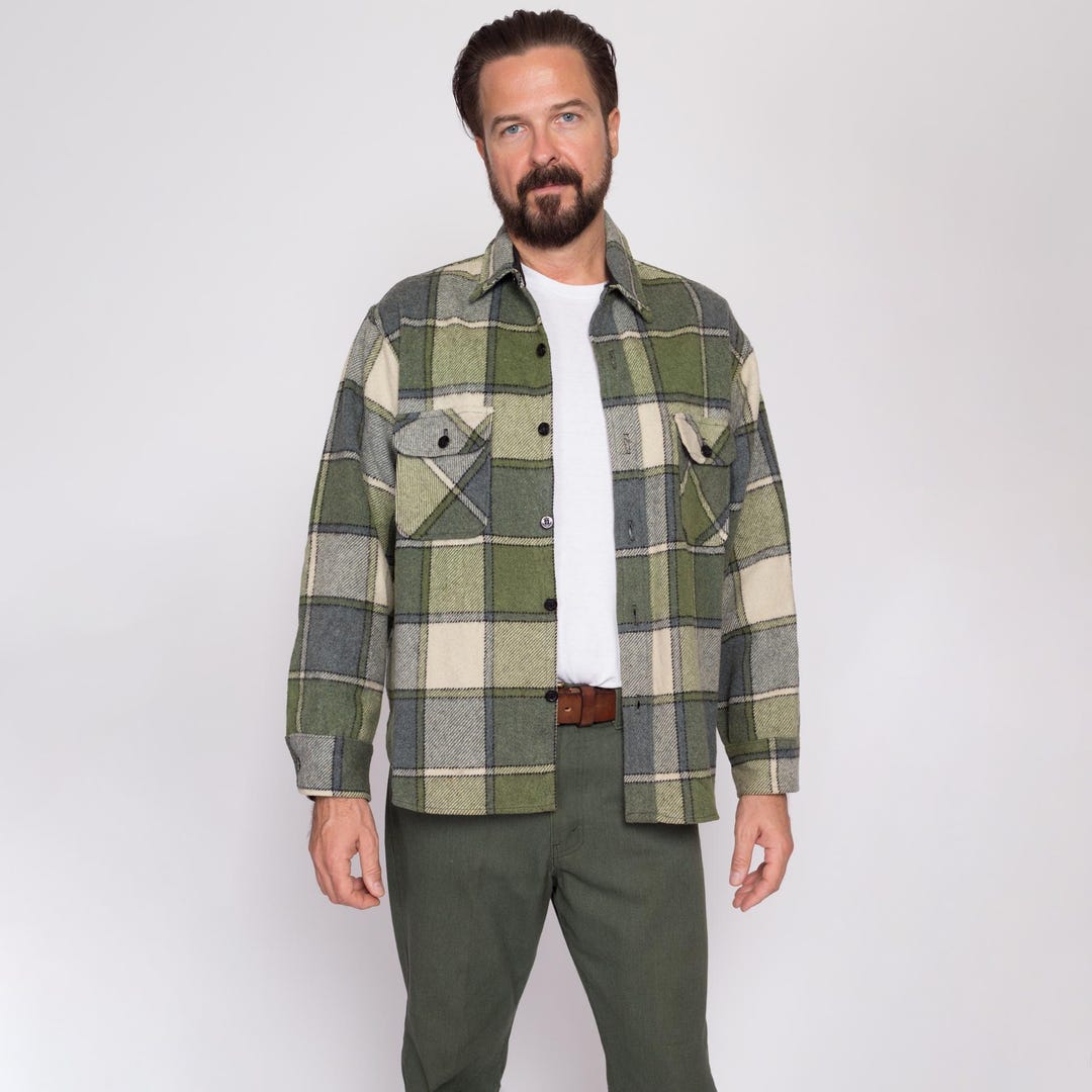 Large 70s Green Plaid Wool Shirt | Vintage Button up Collared Overshirt Shacket - Etsy