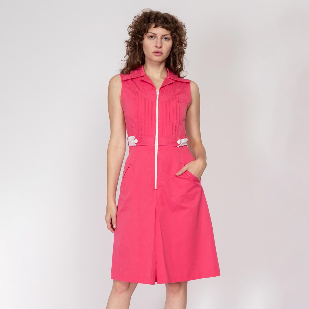 Small 70s Pink & White Raffia Belt Sundress | Retro Vintage Zip Front ...