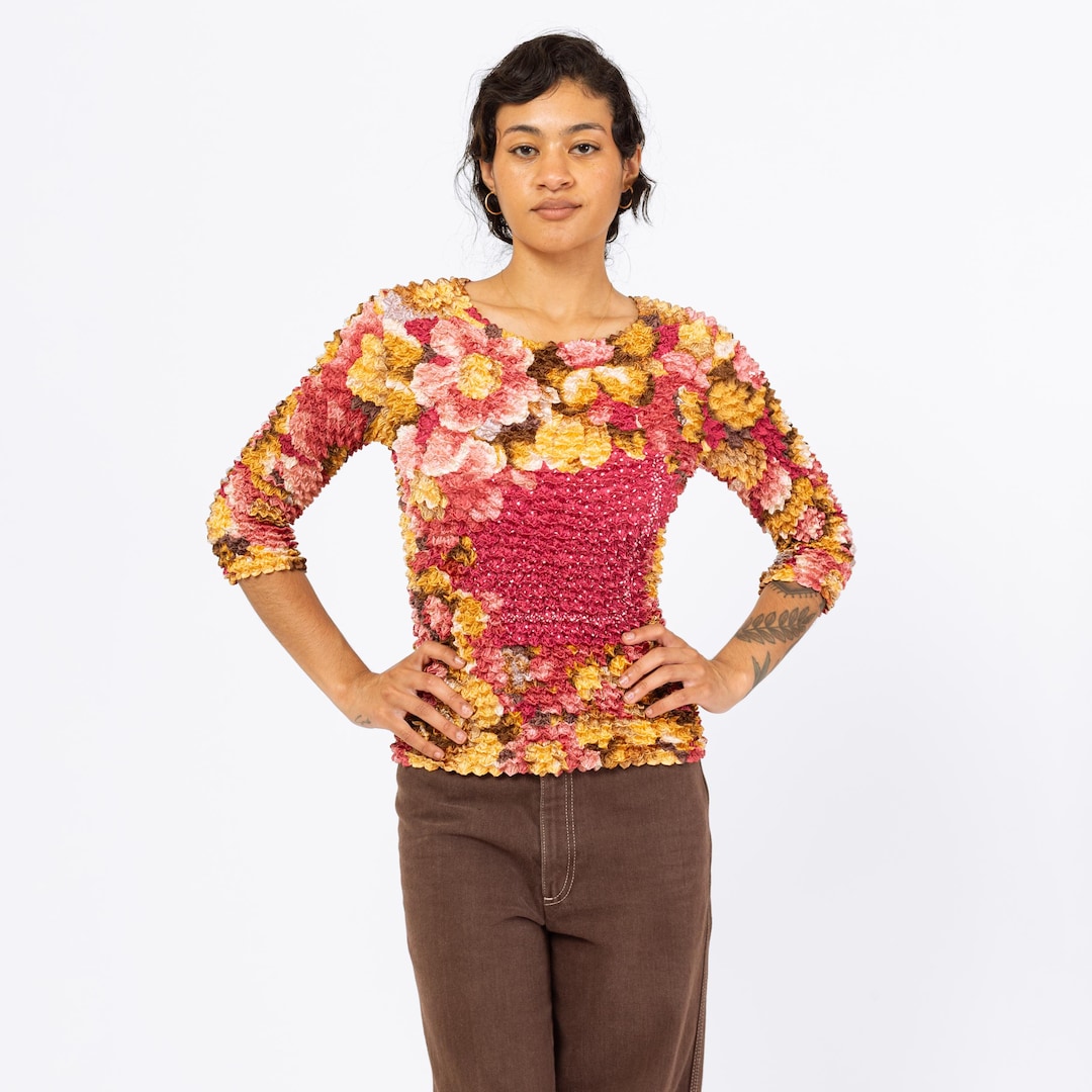 Vintage Y2K Floral Popcorn Shirt - One Size | 2000s Boho 3/4 Sleeve ...