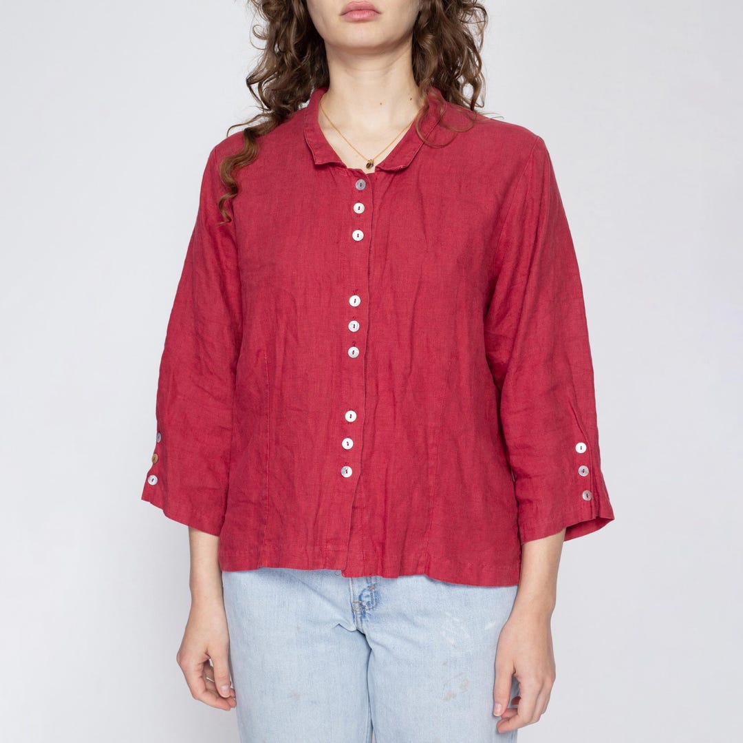 Large 90s Boho Raspberry Red Linen Blouse | Vintage 3/4 Sleeve Abalone ...