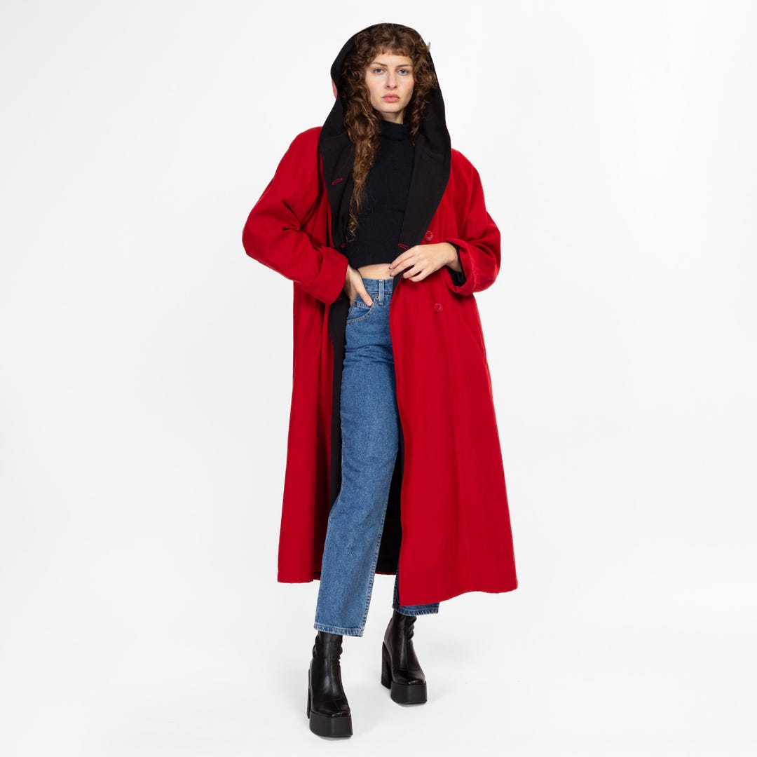 Large 90s Red Ultrasuede Hooded Trench Coat | Vintage Lined Double ...