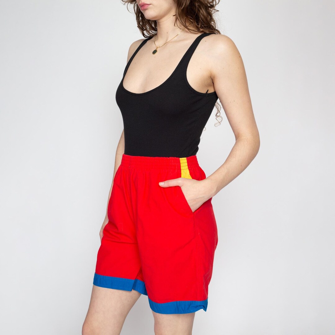 80s Red Color Block Shorts - Medium | Retro High Elastic Waist Athletic ...
