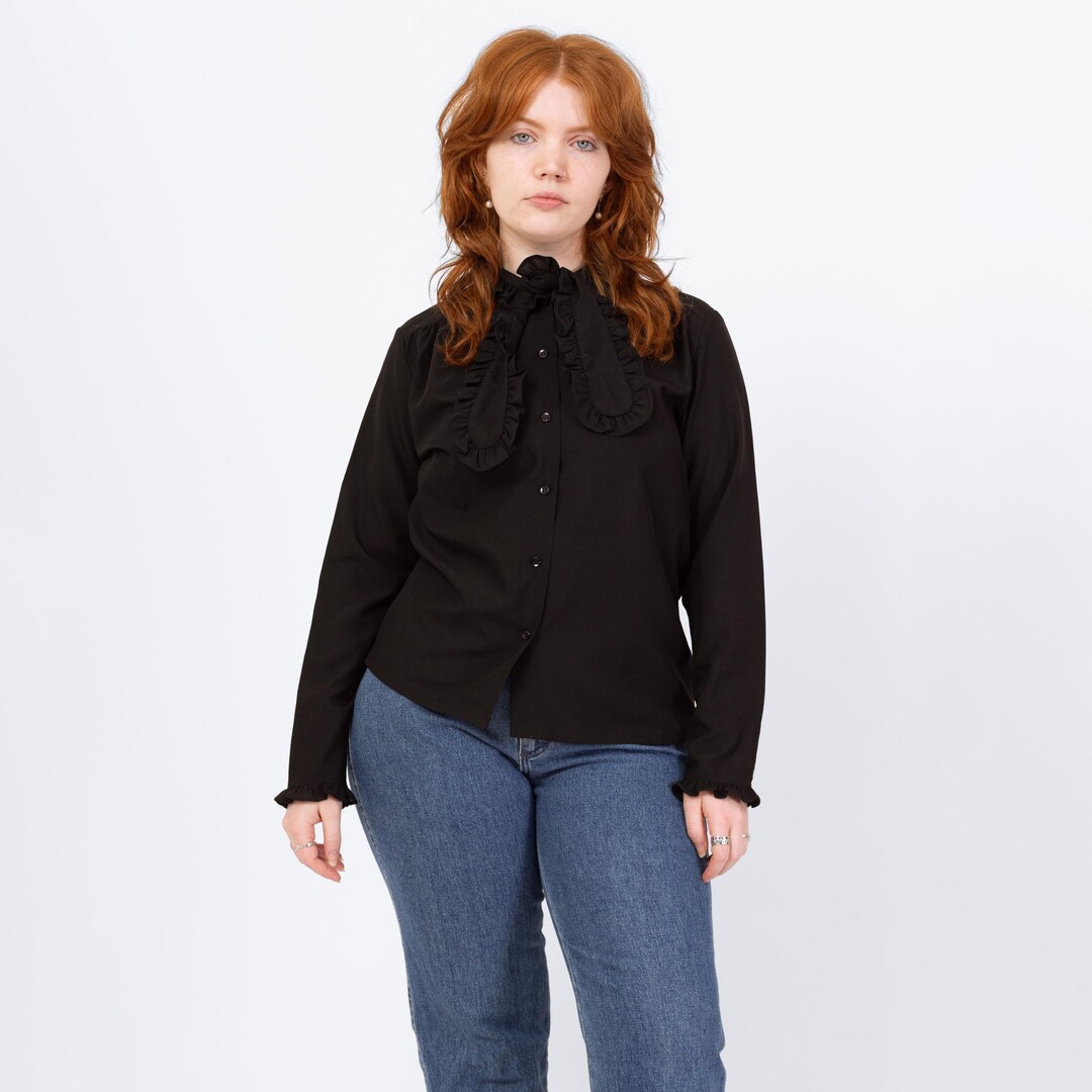 Vintage 70s Black Ascot Tie Blouse - Large | Gothic Long Sleeve Button ...