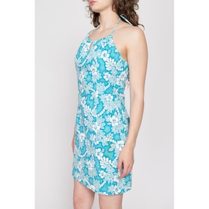Large 90s Blue & White Floral Halter Mini Dress | Vintage Sleeveless ...