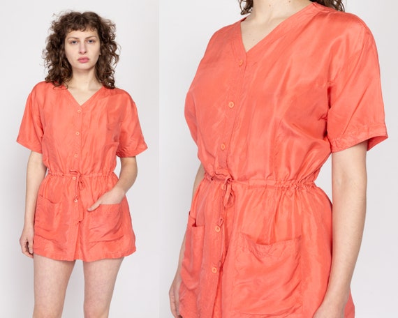 Small 80s Coral Pink Silk Micro Mini Shirtdress | Vin… - Gem