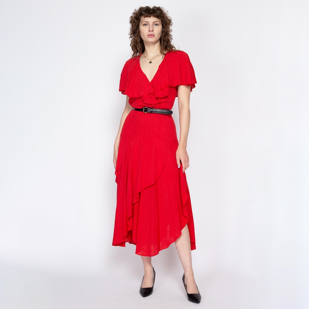 Medium 80s Red Flowy Capelet Maxi Dress | Boho Vintage Flutter Sleeve V ...
