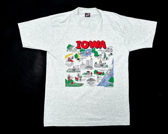 Large 90s Iowa Cartoon Map Tourist T Shirt | Vintage … - Gem