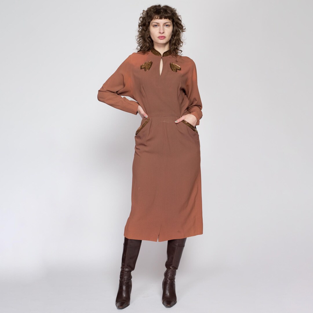 Medium 1940s Terra Cotta Beaded Heart Dress | Vintage 40s Long Dolman Sleeve Keyhole Pocket Midi ...