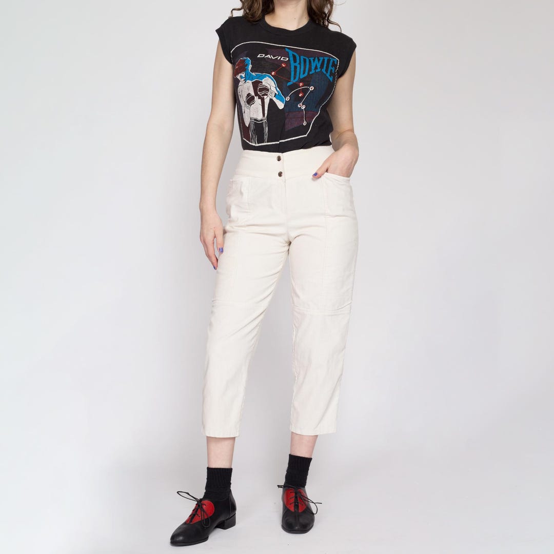 XS 80s White Corduroy Capri Pants | Vintage High Waisted Retro Cropped ...