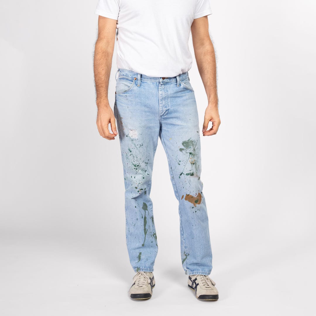 32x32 80s Wrangler Paint Splattered Light Wash Jeans | Vintage ...