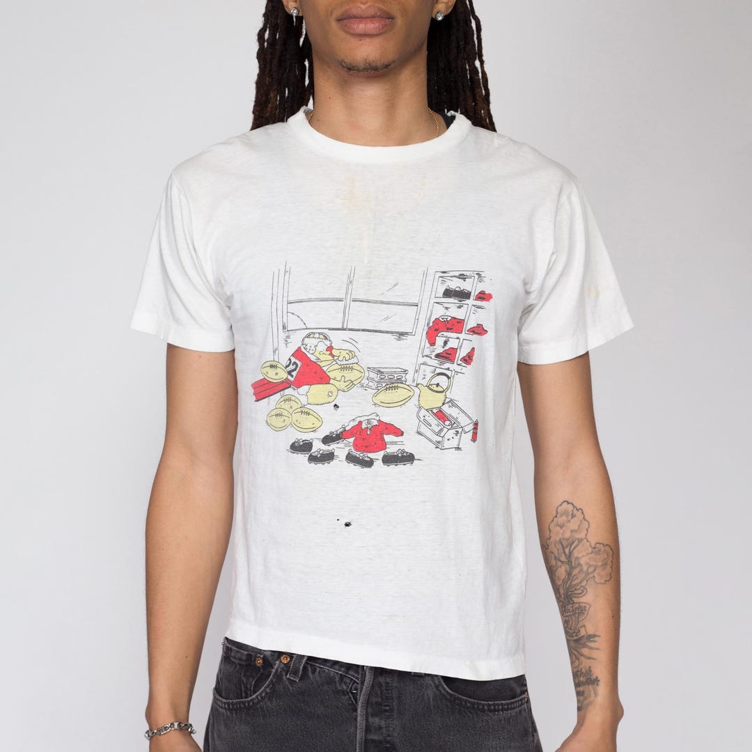 Medium 80s Rugby Cartoon Distressed T Shirt Vintage White Sports ...