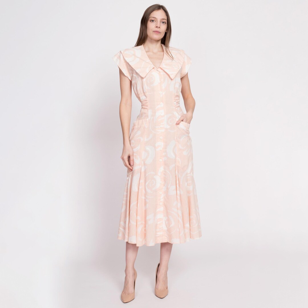 Medium 80s Does 40s Pink & White Sailor Collar Midi Dress | Vintage ...