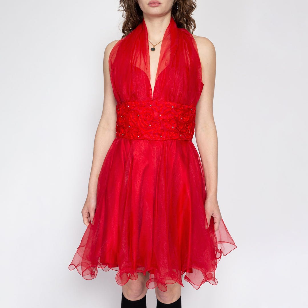 Medium 80s Red Halter Bombshell Party Dress | Vintage Faviana Fit ...