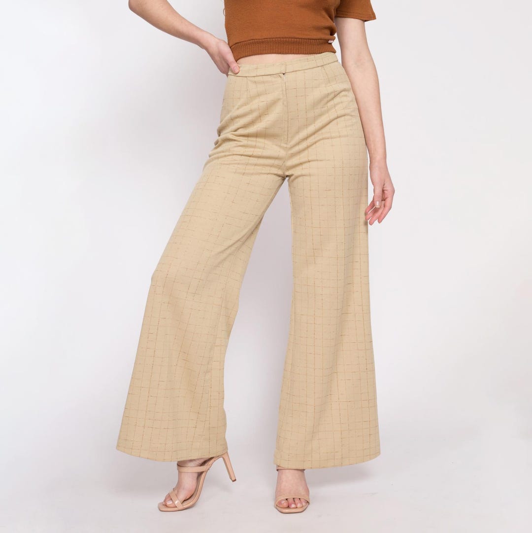 70s Tan Grid Print Wide Leg Pants - Medium, 27"-28" | Vintage High ...