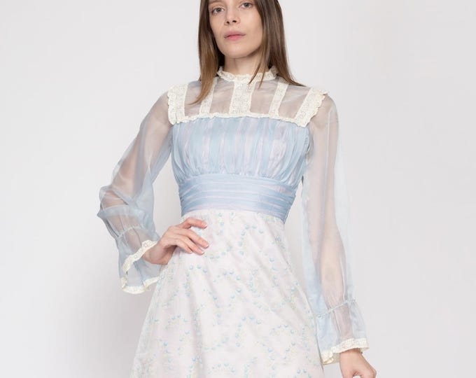 XS 70s Baby Blue Sheer Sleeve Prairie Dress | Vintage Boho Girly Floral ...