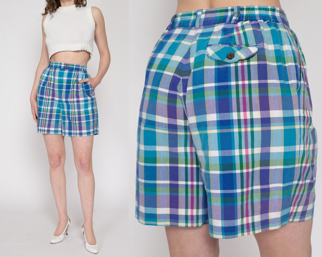 Med-lrg 90s Izod Blue & Green Plaid Shorts 2931 Vintage High Waisted Casual Pleated Shorts - Etsy