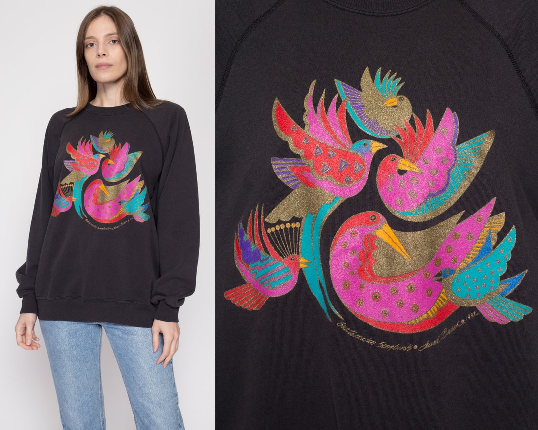 XL 90s Laurel Burch Guatemalan Songbirds Art Print Sweatshirt Vintage Black Raglan Sleeve ...