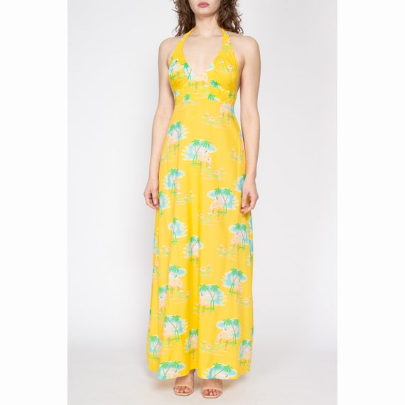 Medium 70s Yellow Flamingo & Palm Tree Print Halter M… - Gem