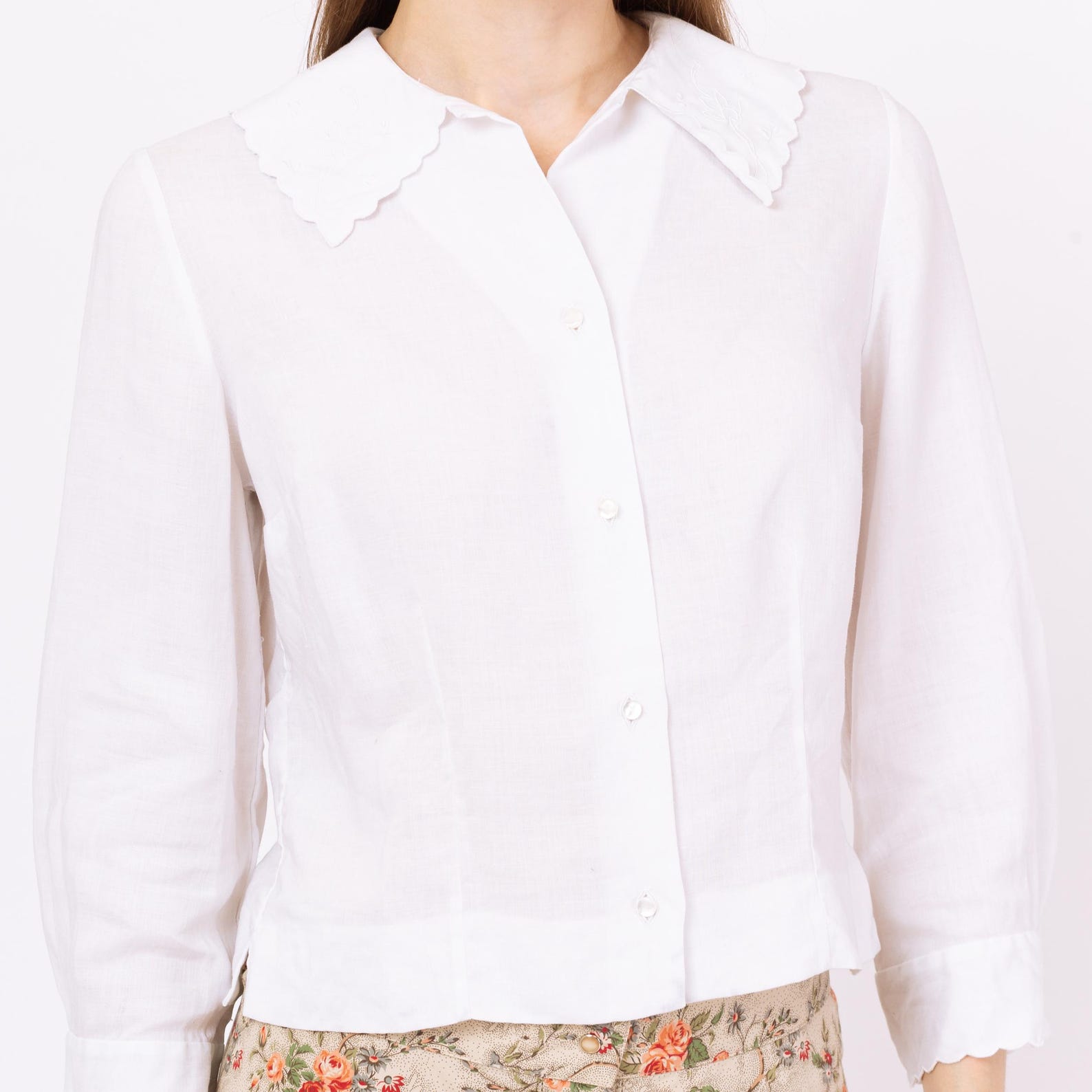 Vintage 60s White Irish Linen Scalloped Trim Blouse - Small | Boho ...