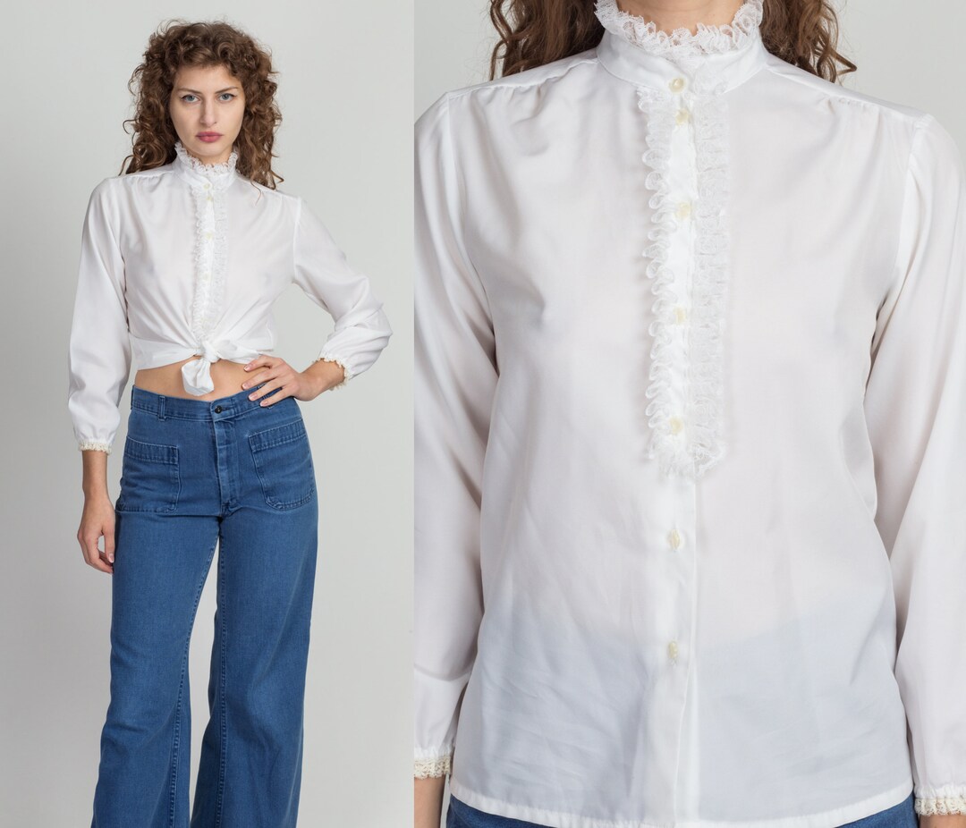 70s Edwardian White Lace Ruffle Blouse Small Vintage Boho Long Sleeve ...