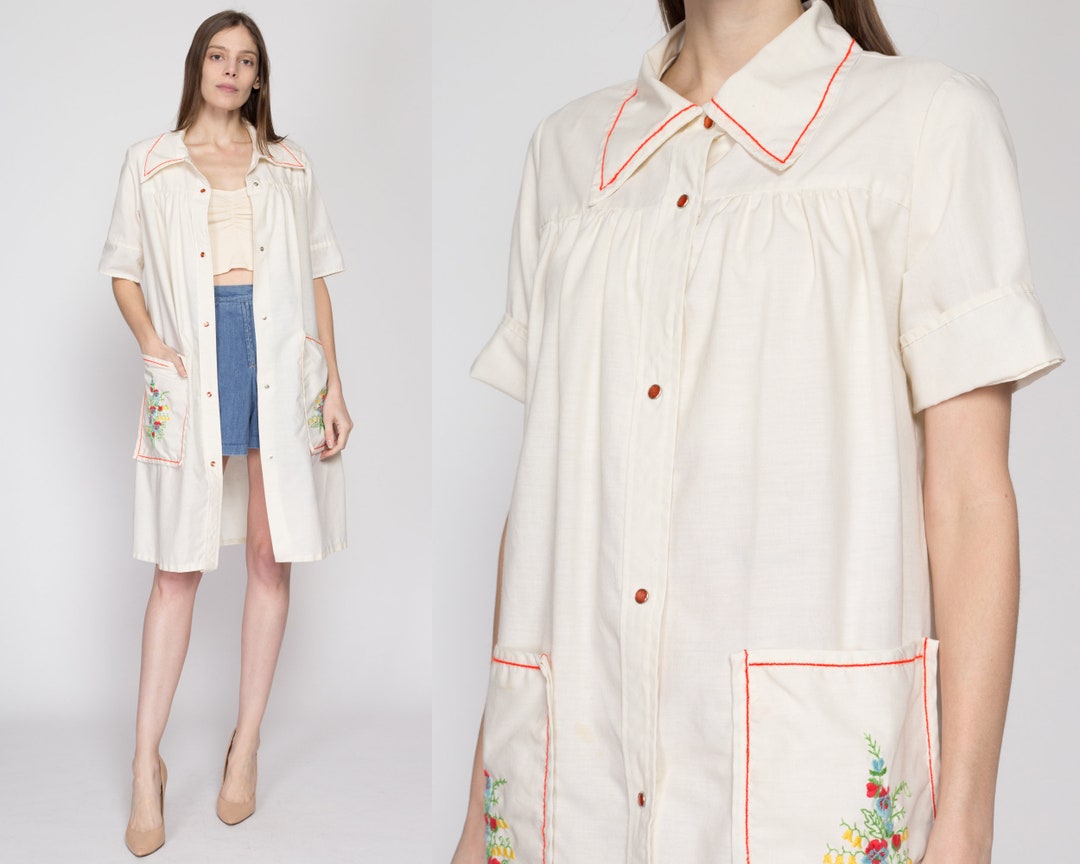 Large 60s White Pansy Floral Embroidered House Dress | Vintage Pearl ...
