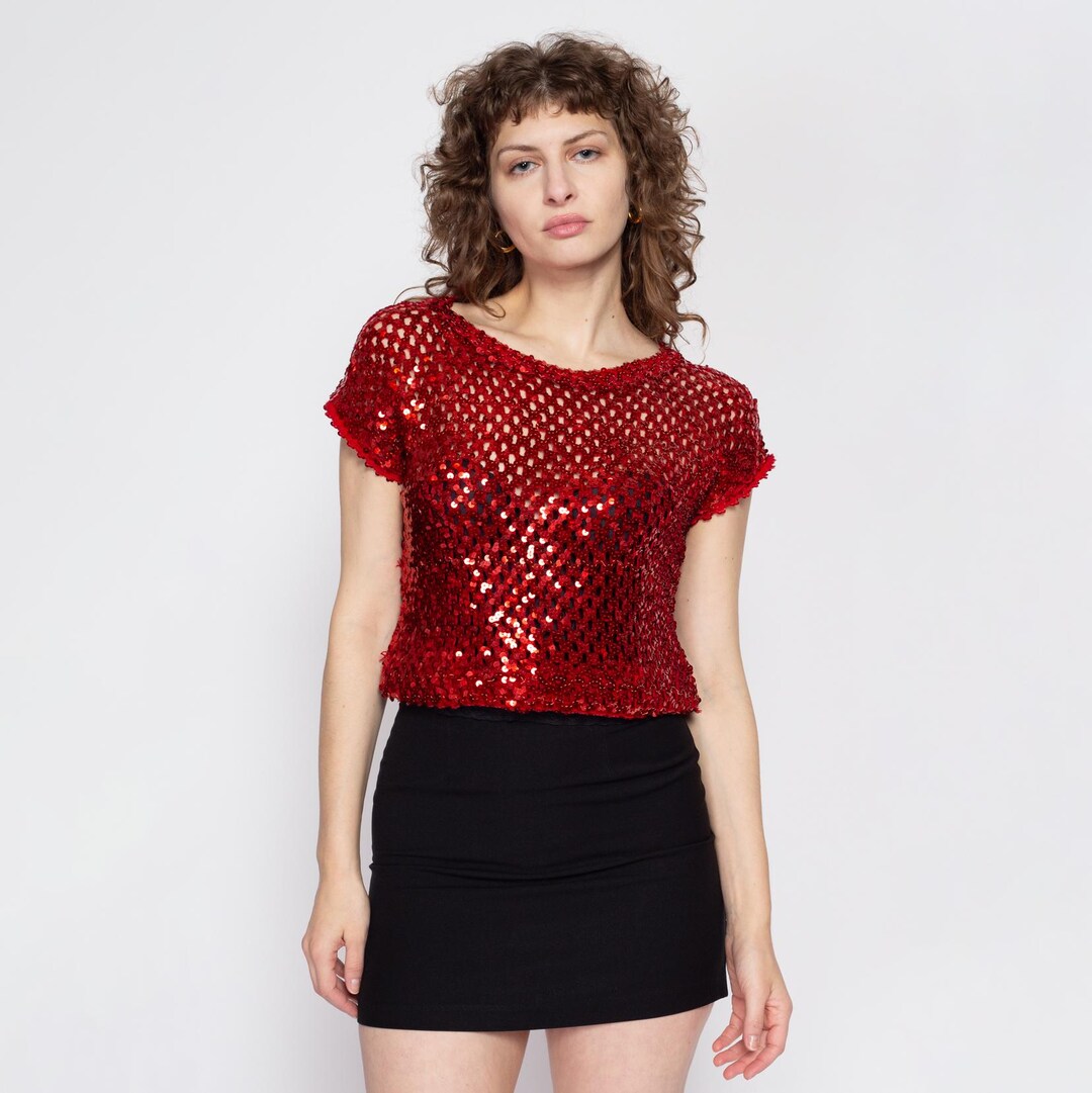 70s Red Sequin Disco Crop Top - Medium | Vintage Glam Sheer Short ...