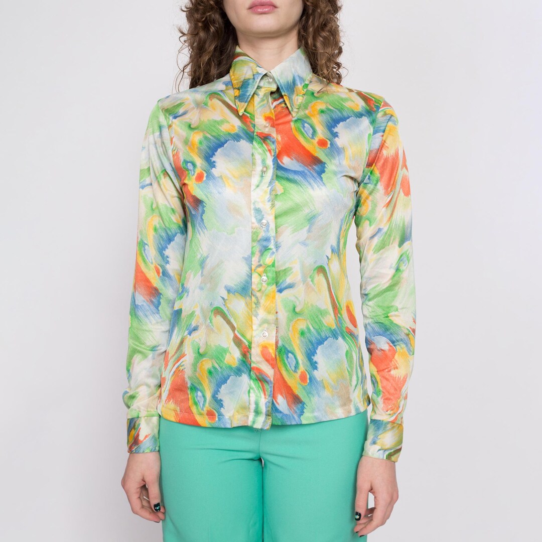 70s Watercolor Print Collared Shirt - Medium | Vintage Abstract Paint ...
