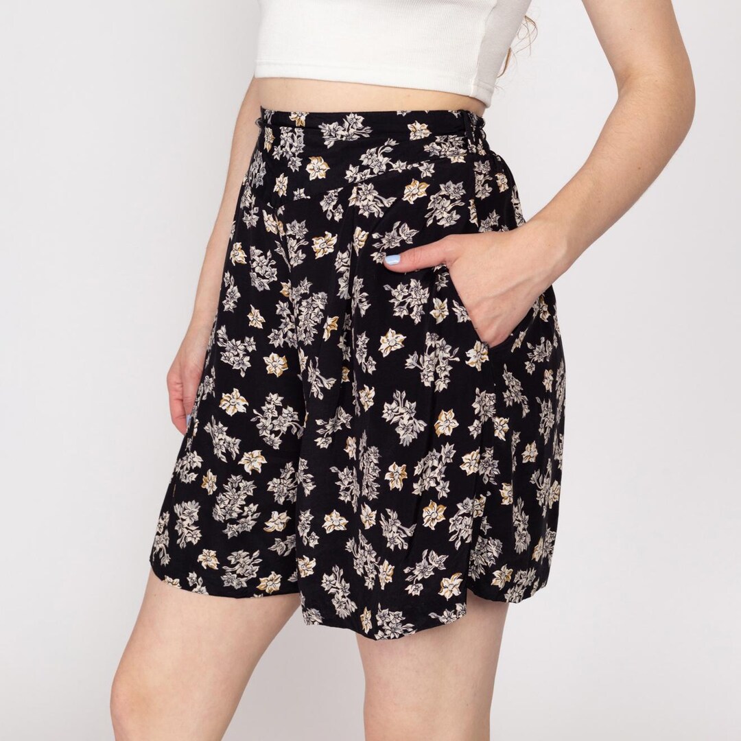 Sm-med 80s Black Floral Rayon Shorts | Vintage High Waist Wide Leg Boho ...