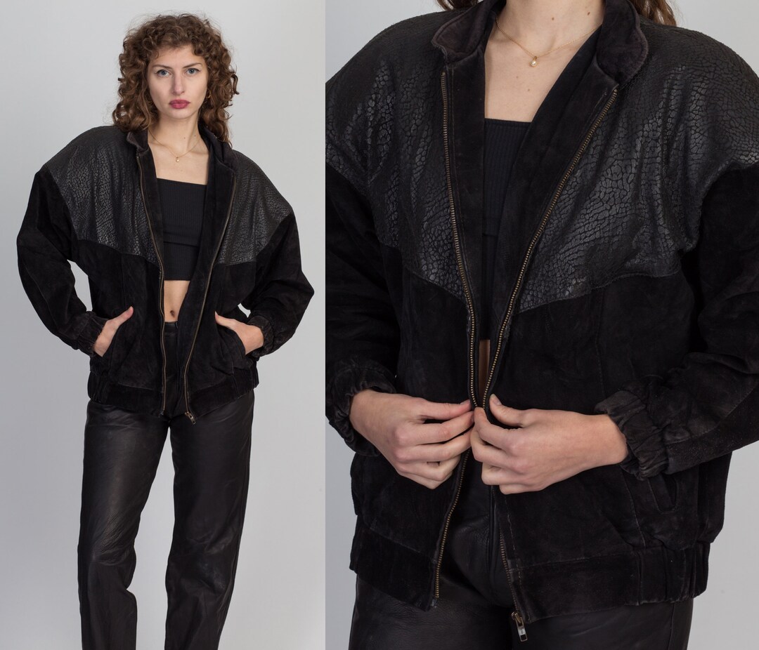 80s Snakeskin Embossed Suede Moto Jacket Medium Vintage Black Leather ...