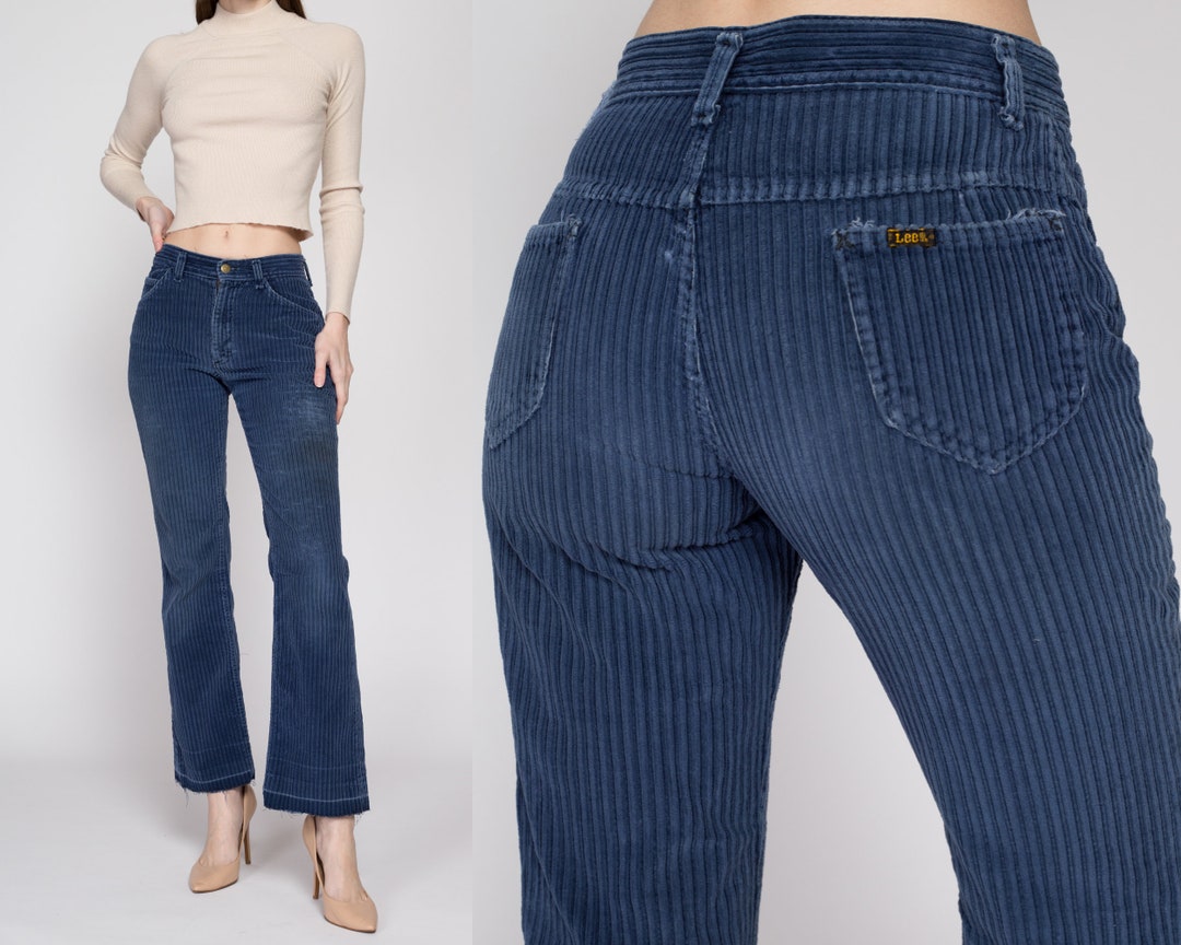 Xs-sm 70s Lee Navy Blue Corduroy Flared Pants 26 Vintage Wide Wale ...