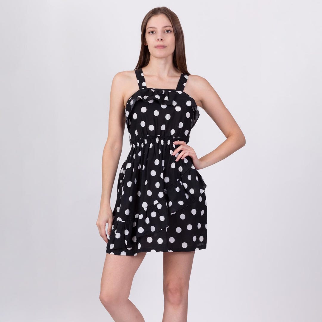 XS 80s Polka Dot Mini Sundress Petite | Vintage Black & White Ruffle ...