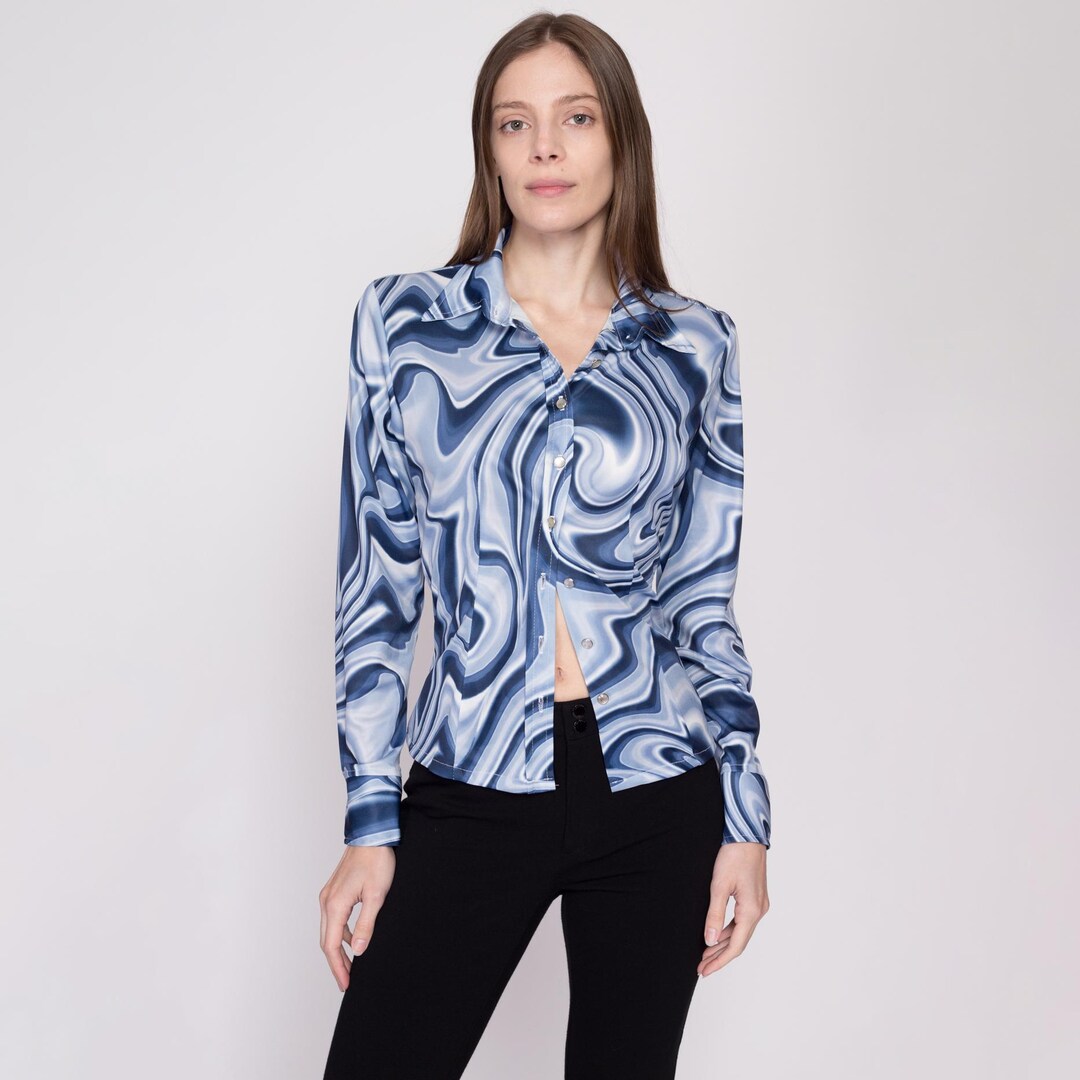 Small 90s Does 70s Psychedelic Oil Slick Print Shirt | Vintage Blue ...