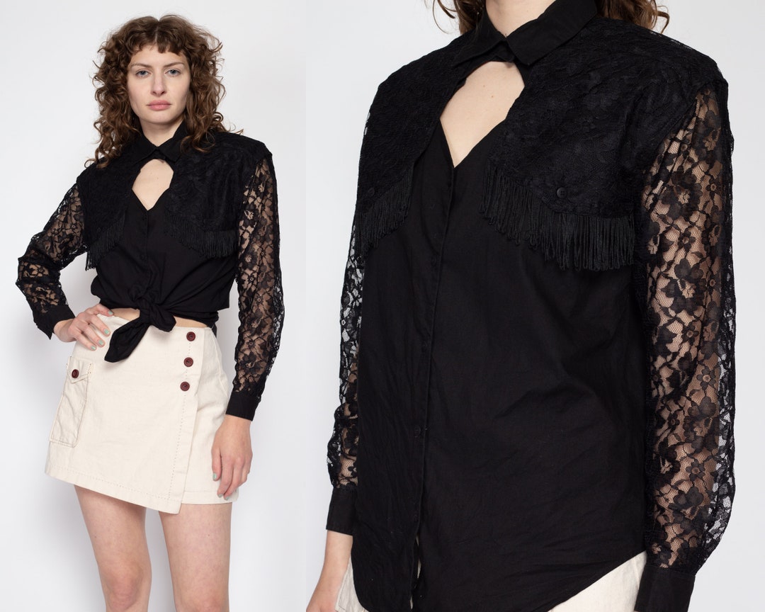 Small 90s Western Black Lace & Fringe Trim Shirt | Vintage Long Sleeve ...