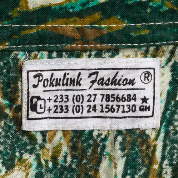 Medium 80s African Green & White Block Print Shirt | … - Gem
