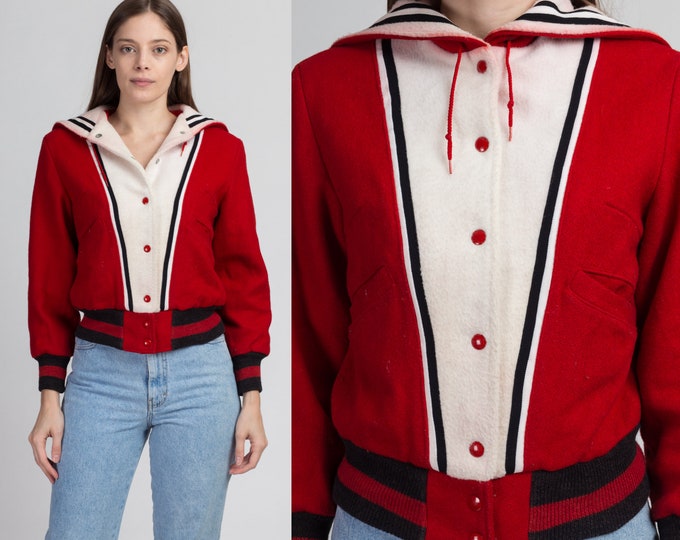 60s Red & White Cropped Letterman Jacket - Extra Small | Vintage Hooded ...