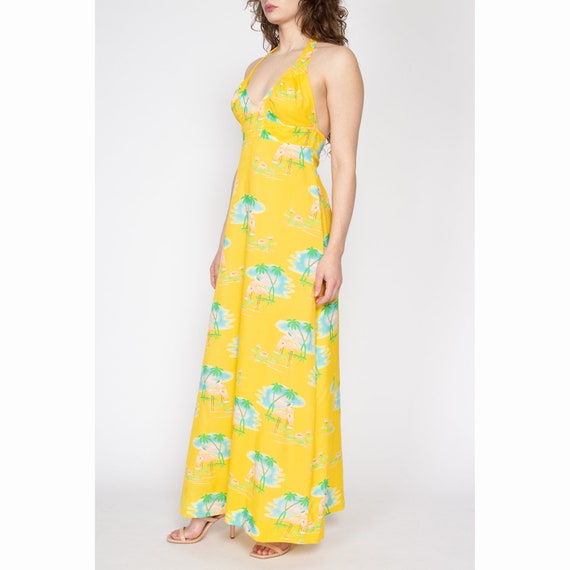 Medium 70s Yellow Flamingo & Palm Tree Print Halter M… - Gem