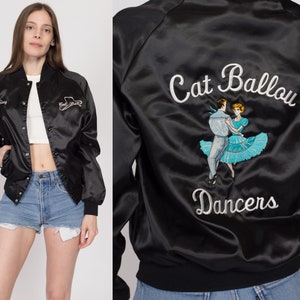 Small 80s Cat Ballou Dancers Black Satin Bomber | Vintage Swing Dance ...