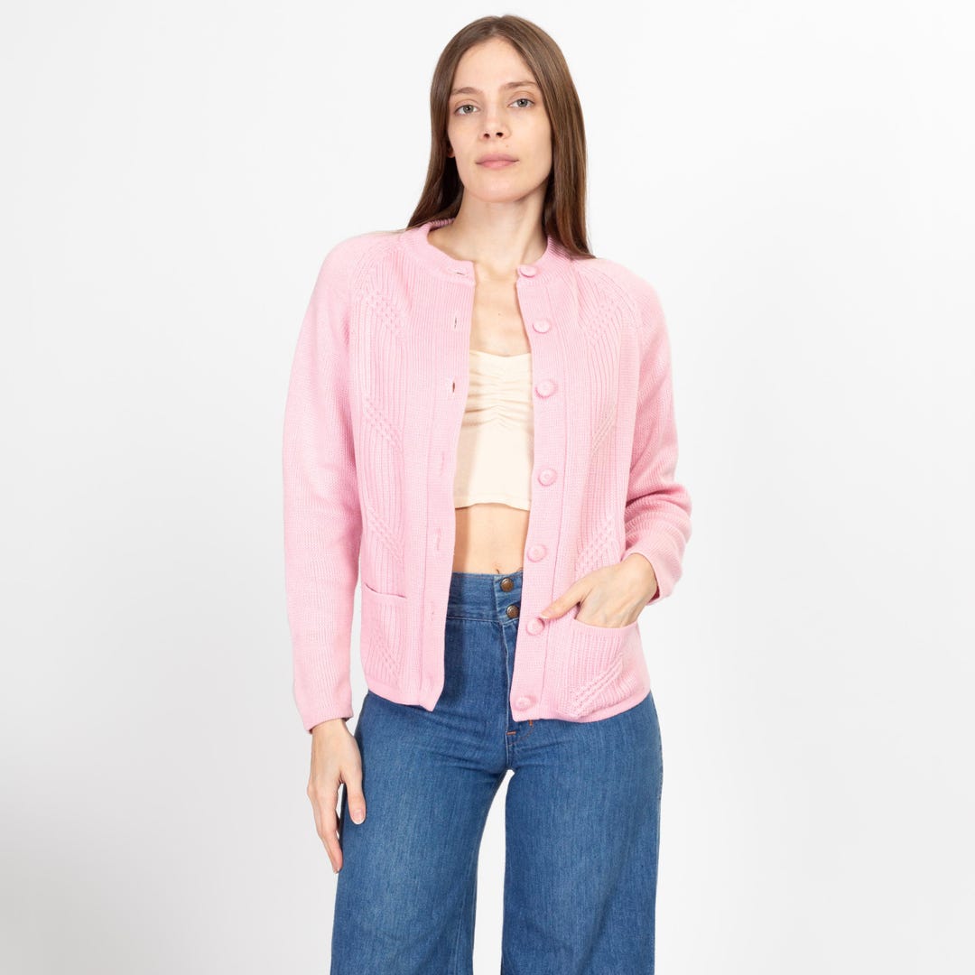 Small 70s Pastel Pink Cardigan | Vintage Button up Cable Knit Girly ...