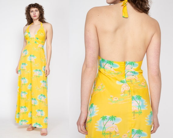 Medium 70s Yellow Flamingo & Palm Tree Print Halter M… - Gem
