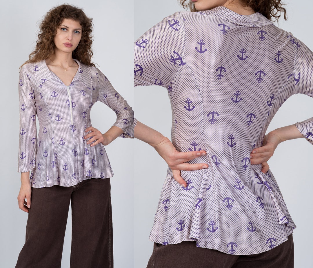 70s Boho Anchor Print Tunic Blouse Medium Vintage Purple Nautical Print ...