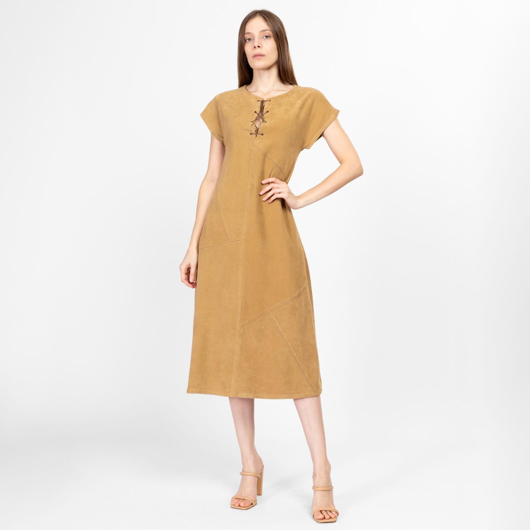 Small 80s Tan Ultrasuede Faux Buckskin Midi Dress | Vintage Cap Sleeve ...