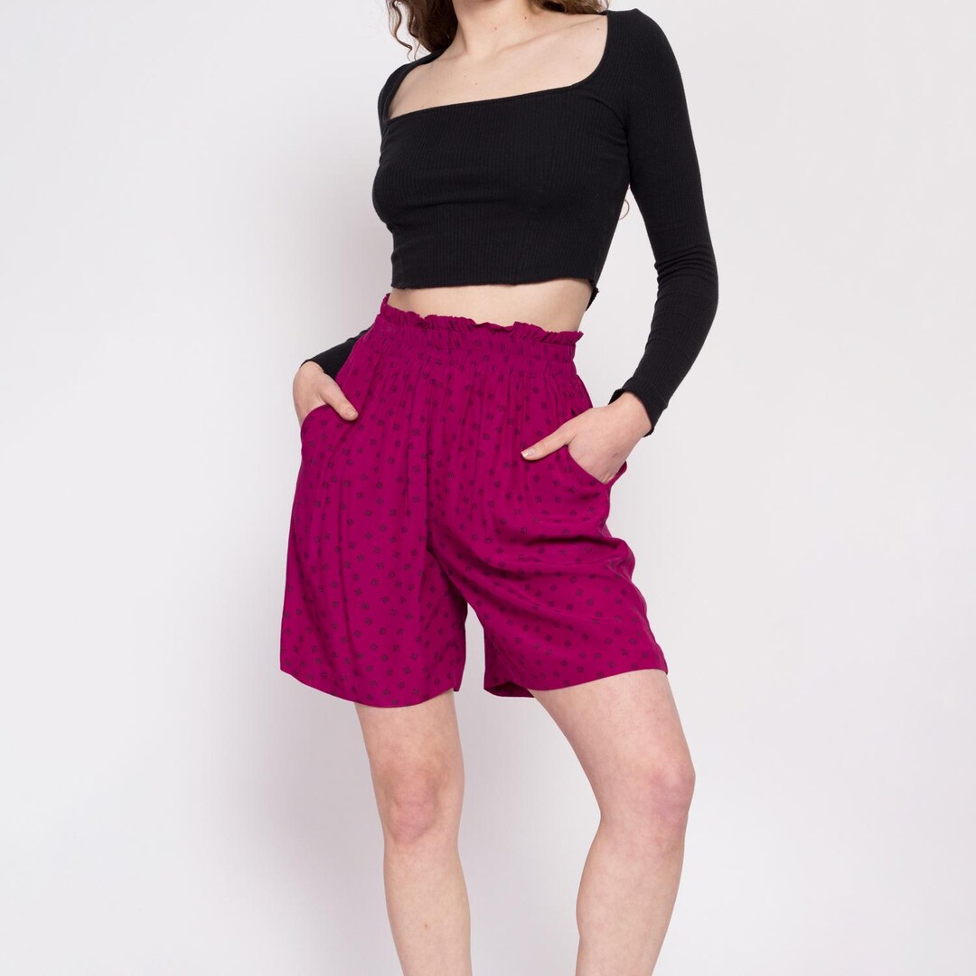 Sm-med 80s Swirly Polka Dot Print Magenta Shorts | Vintage High Waisted ...