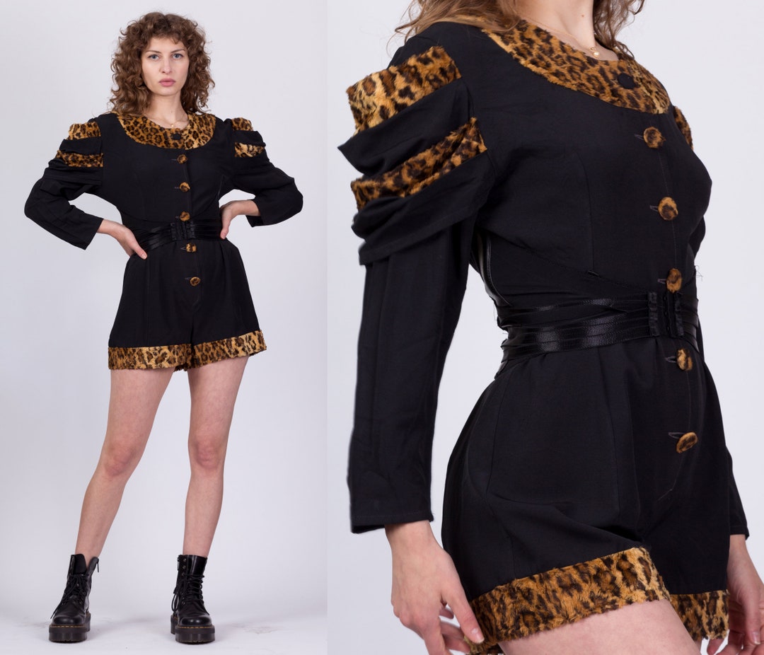 Medium 80s Animal Print Faux Fur Trim Puff Sleeve Romper Vintage Karin ...