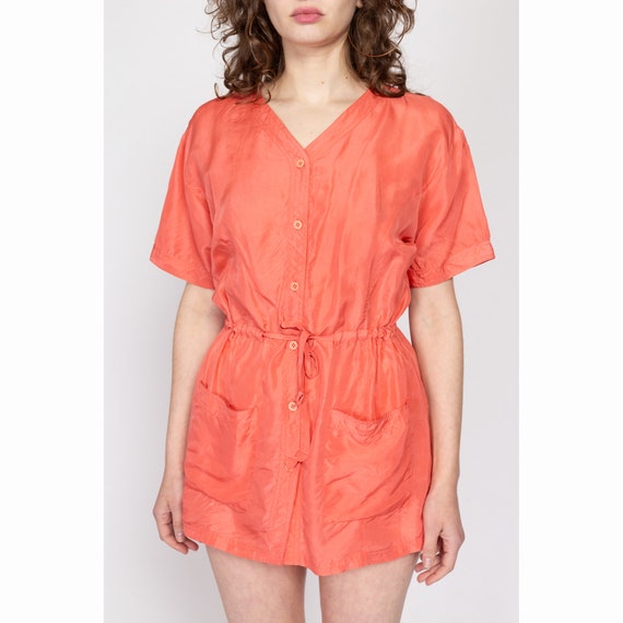Small 80s Coral Pink Silk Micro Mini Shirtdress | Vin… - Gem