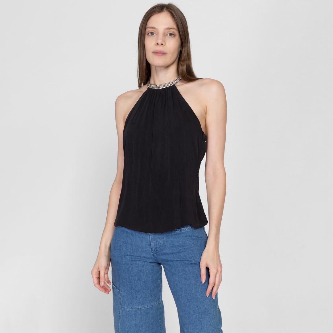 Medium Y2K Trina Turk Black Rhinestone Collar Top | Vintage Sleeveless ...